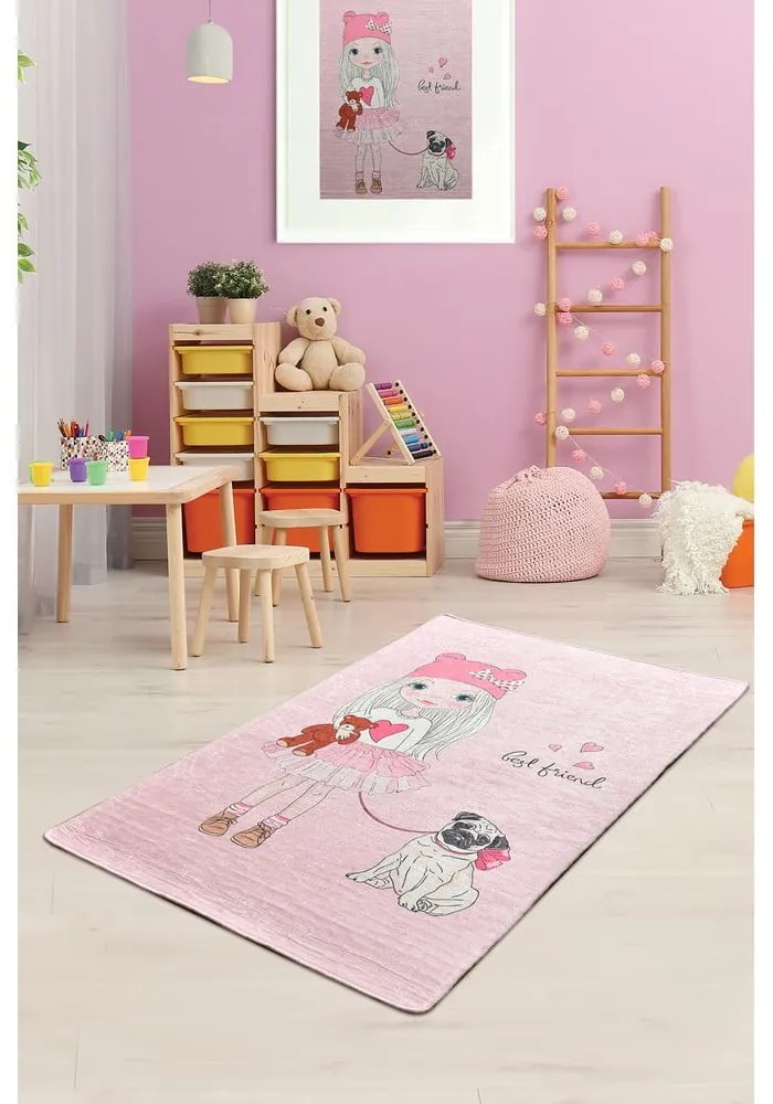 Růžový dětský protiskluzový koberec Conceptum Hypnose Best Friend, 100 x 160 cm