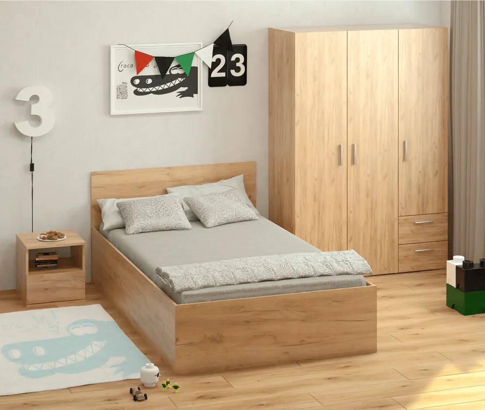 Postel s kovovým roštem a úložným prostorem, 120x200, dub craft zlatý, DOLI