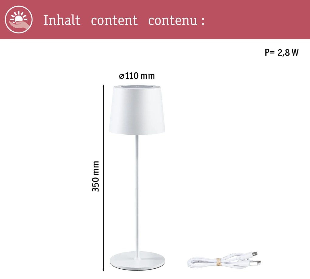 Paulmann 76997 Gilo, bílá lampička na baterii, 2,8W LED 2700K dotykové ovládání, výška 35cm, IP44