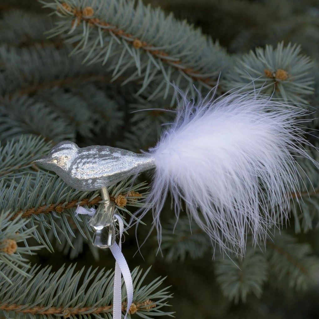 GLASSOR Skleněný ptáček na skřipci Silver, stříbrná barva, sklo