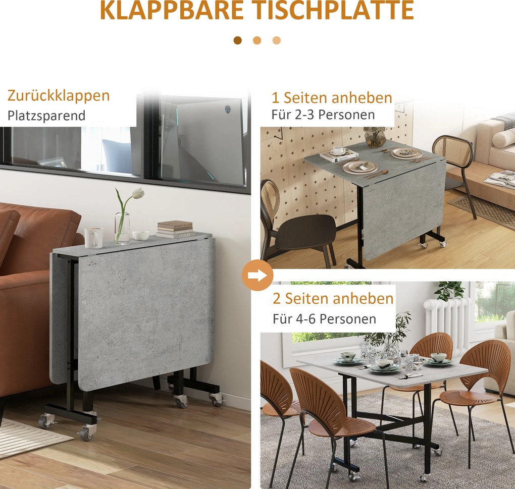 HOMCOM Rozkládací jídelní stůl s kolečky pro 4-6 osob, ocelové nohy, rozkládací 52,5-120 x 80 x 73 cm, ideální do kuchyně a jídelny | Aosom.de