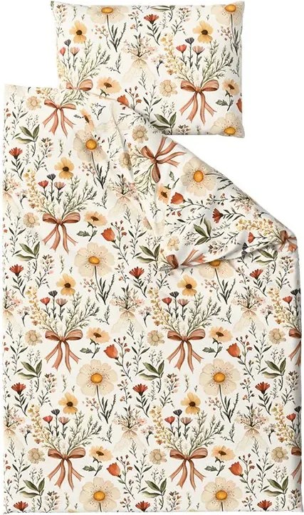 Sada krepového povlečení FLORAL RIBBON POLY barevné + prostěradlo Jersey 180 x 200 cm světle béžové, dvoulůžko
