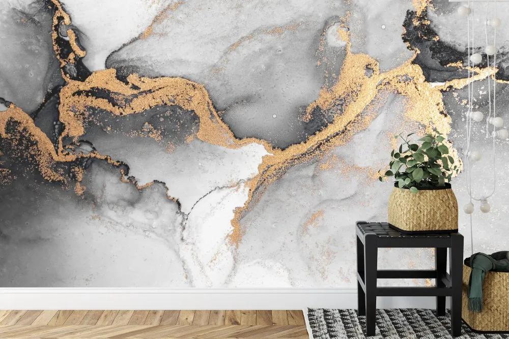 Fototapeta Black Gold Abstract Background Of Marble Liquid Ink Art Painting On Paper . Image Of Original Artwork Watercolor Alcohol Ink Paint On High Quality Paper Texture . Omyvatelný vlies 135x90
