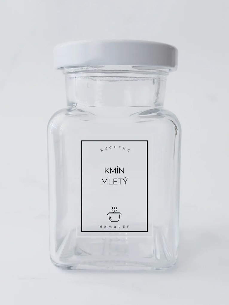 Samolepka na kořenky KMÍN MLETÝ průhledná 3 × 4 cm základní písmo