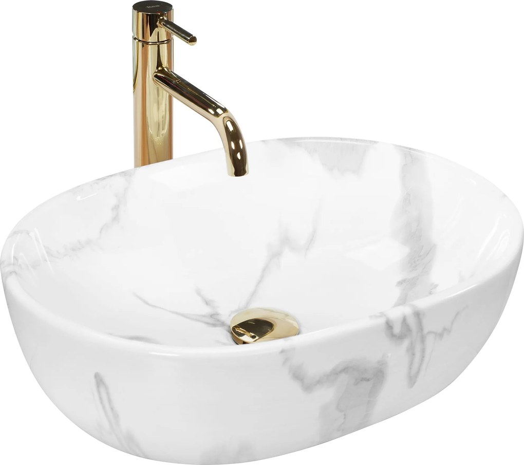 Rea Amelia Marmo Shiny, keramické umyvadlo na desku 480x345x135 mm, imitace kamene, REA-U8001