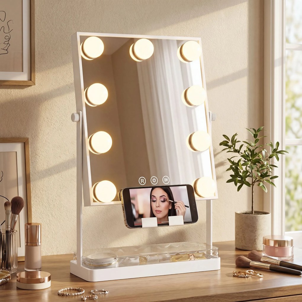 HOMCOM Hollywood make-up zrcátko s osvětlením, 9 LED lamp, 3 barvy, dotykový spínač, držák na mobil, bílé
