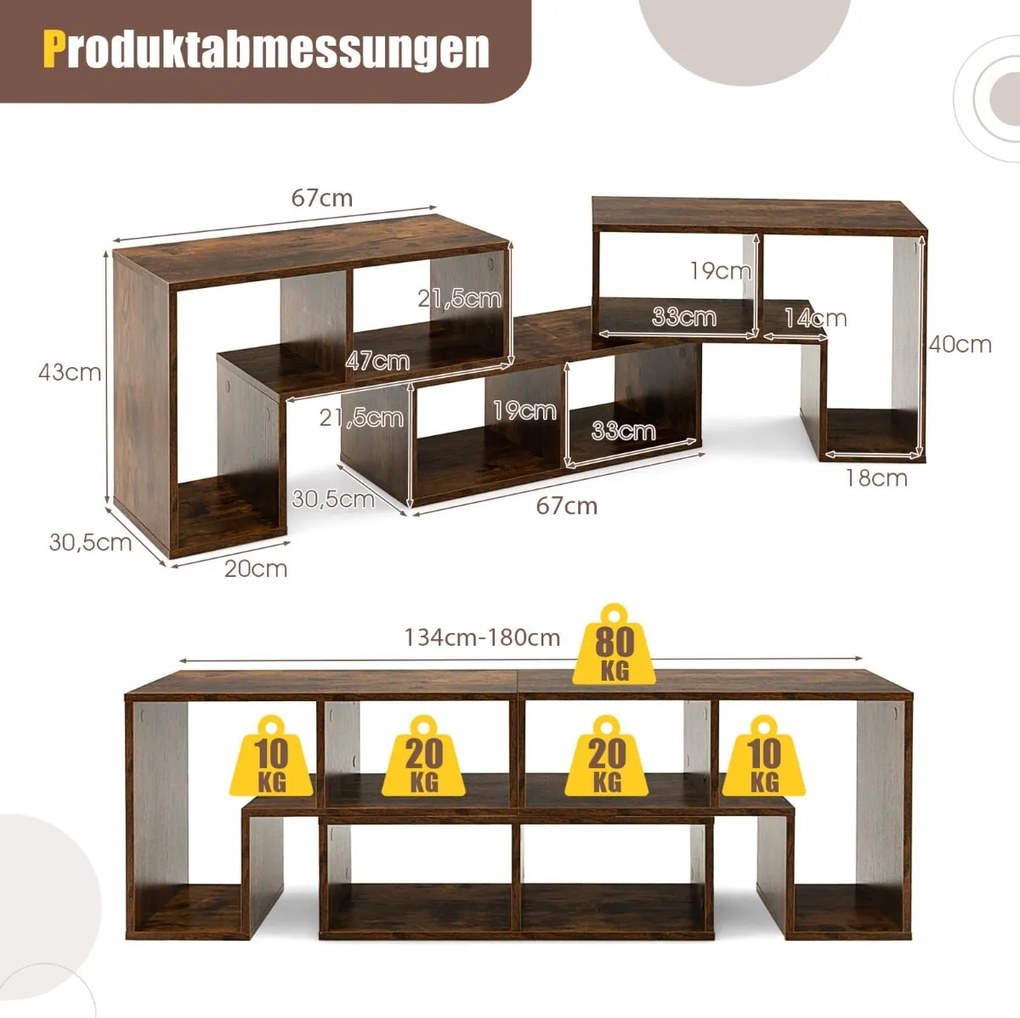 Costway 3dílná dřevěná TV skříňka pro TV do 65" Volně kombinovatelný TV – hnědý