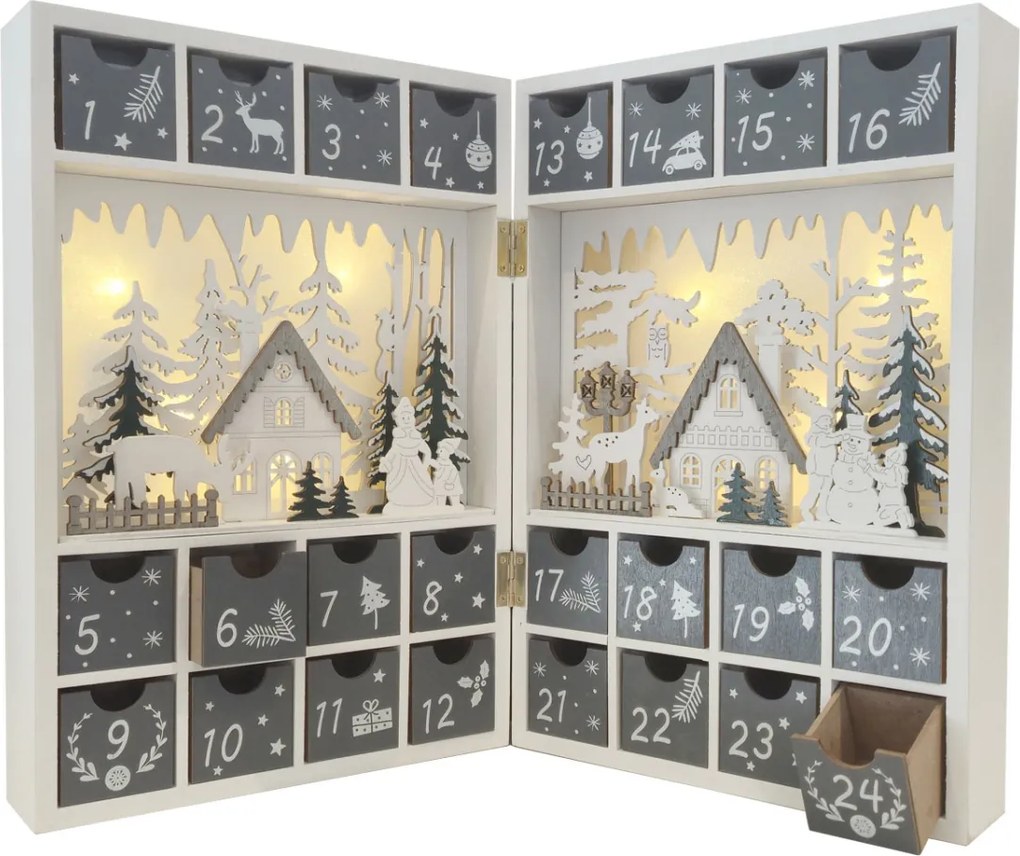 LED adventní kalendář, dřevěná kniha, 23,5 × 34,5 × 11 cm, bílá, šedá a zelená,otvírací, na 2× AA