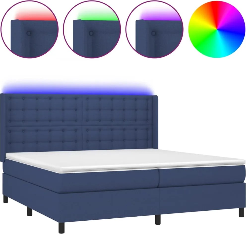 Box spring postel s matrací a LED modrá 200x200 cm textil 3138667
