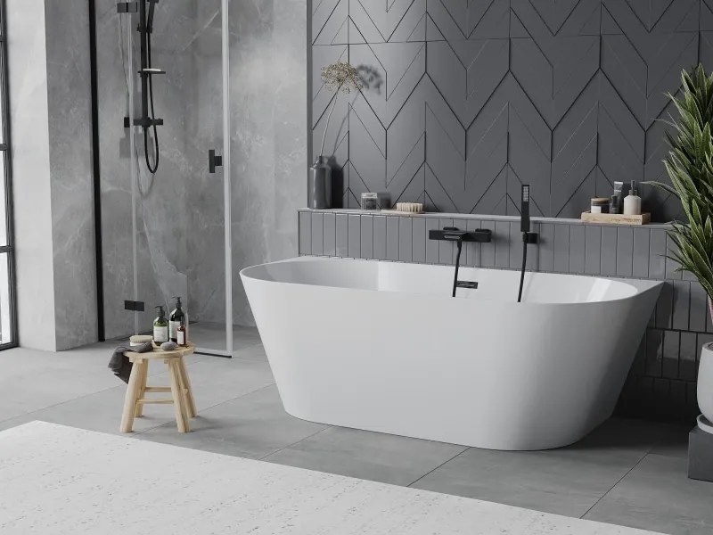 Mexen Oval Slim, volně stojící vana ke stěně 170 x 80 cm, bílá lesklá, černý matný přepad, 52661708000-70