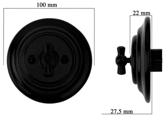 Bohemia-Design - Porcelánový retro vypínač otočný s rámečkem č. 7 černá
