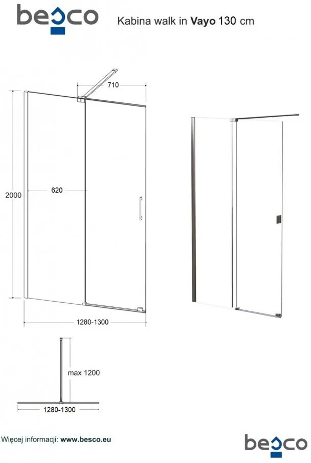 BESCO Walk-in sprchový kout VAYO BLACK BARVA rámu - Černá, Rozměr A - 130 cm, Rozměr C - 200 cm, Směr zavírání - Univerzální Levé / Pravé, Výplň - Čiré bezpečnostní sklo - 8 mm BCVAYO130BC