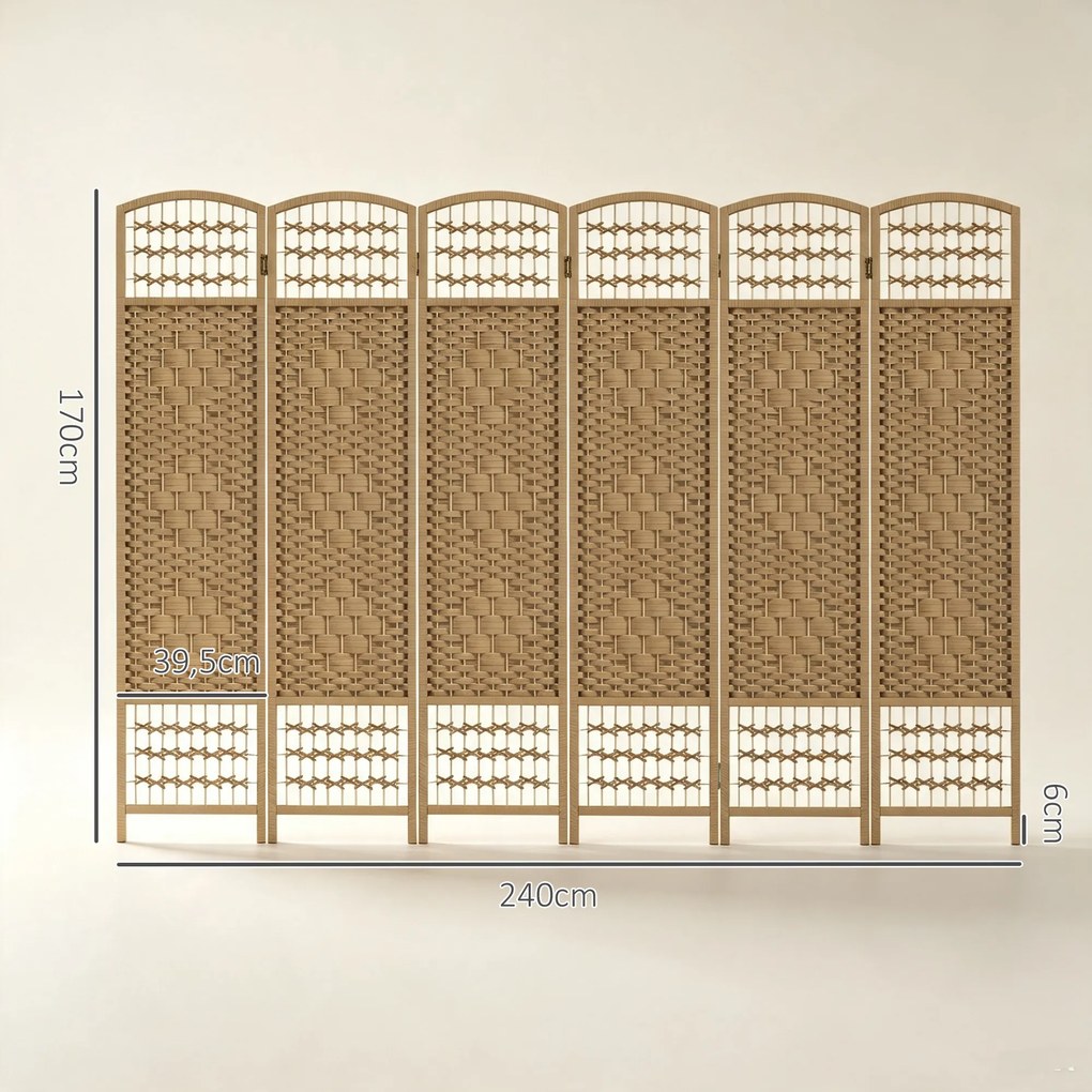 HOMCOM 6-panelový paraván 240x170 cm skládací dělicí stěna s papírovým provázkem a dřevěným rámem pro ložnici a obývací pokoj