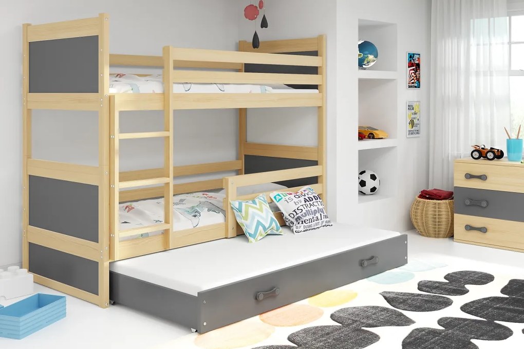 BMS Group Dětská patrová postel s přistýlkou RICO borovice Velikost postele: 190x80 cm, Barva šuplíku: Bílá