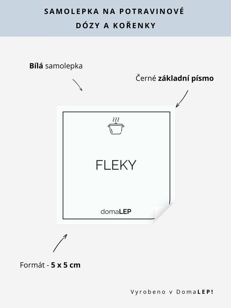 FLEKY  – bílá samolepka na dózu, základní písmo, 5 x 5 cm | DomaLEP