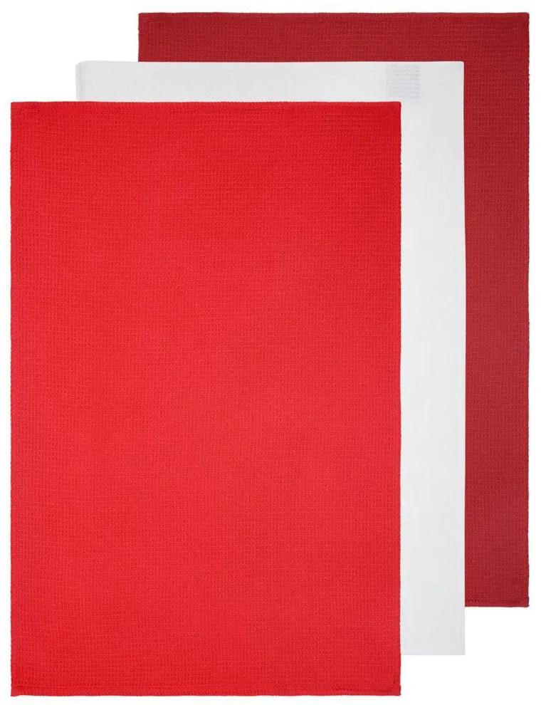 Sada třech utěrek do kuchyně, barvy: červená, bílá, bordó, vyrobena z bavlny, 70x45 cm, dobře vstřebávají vlhkost (3560239700098)