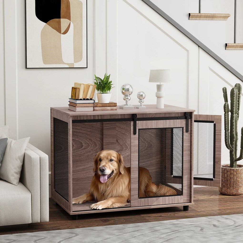 Přepravka pro psy, přepravní box pro psy, ústupový box pro domácí zvířata, uzamykatelné dveře, 98 x 60 x 78 cm, světle hnědá barva