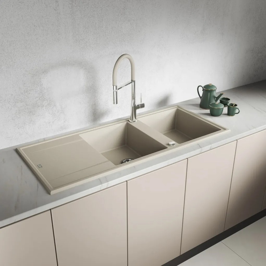 Laveo Megalo, 2-komorový granitový dřez 1160x500x185 mm s dlouhým odkapávačem, béžová, LAV-SBE_421T