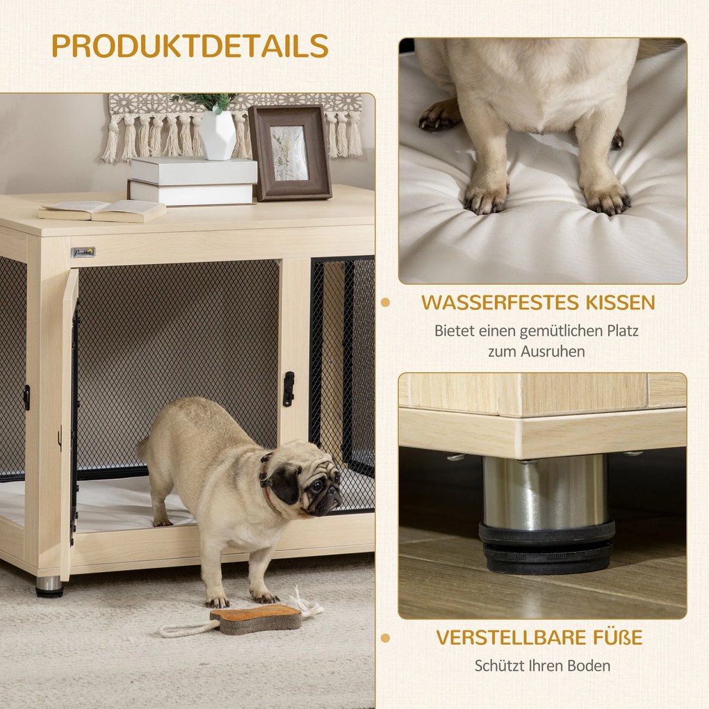 PawHut klec pro psy s polštářem 2 dveře klec pro psy a psí bouda pro malé a střední psy dub 94x60x71,5cm univerzální | Aosom.de