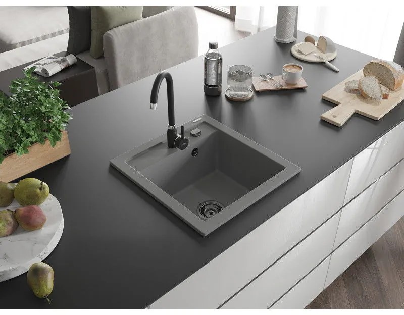 Mexen Vito, granitový dřez 520x490x210 mm, 1-komorový, šedá s černým sifonem, 6503521000-71-B