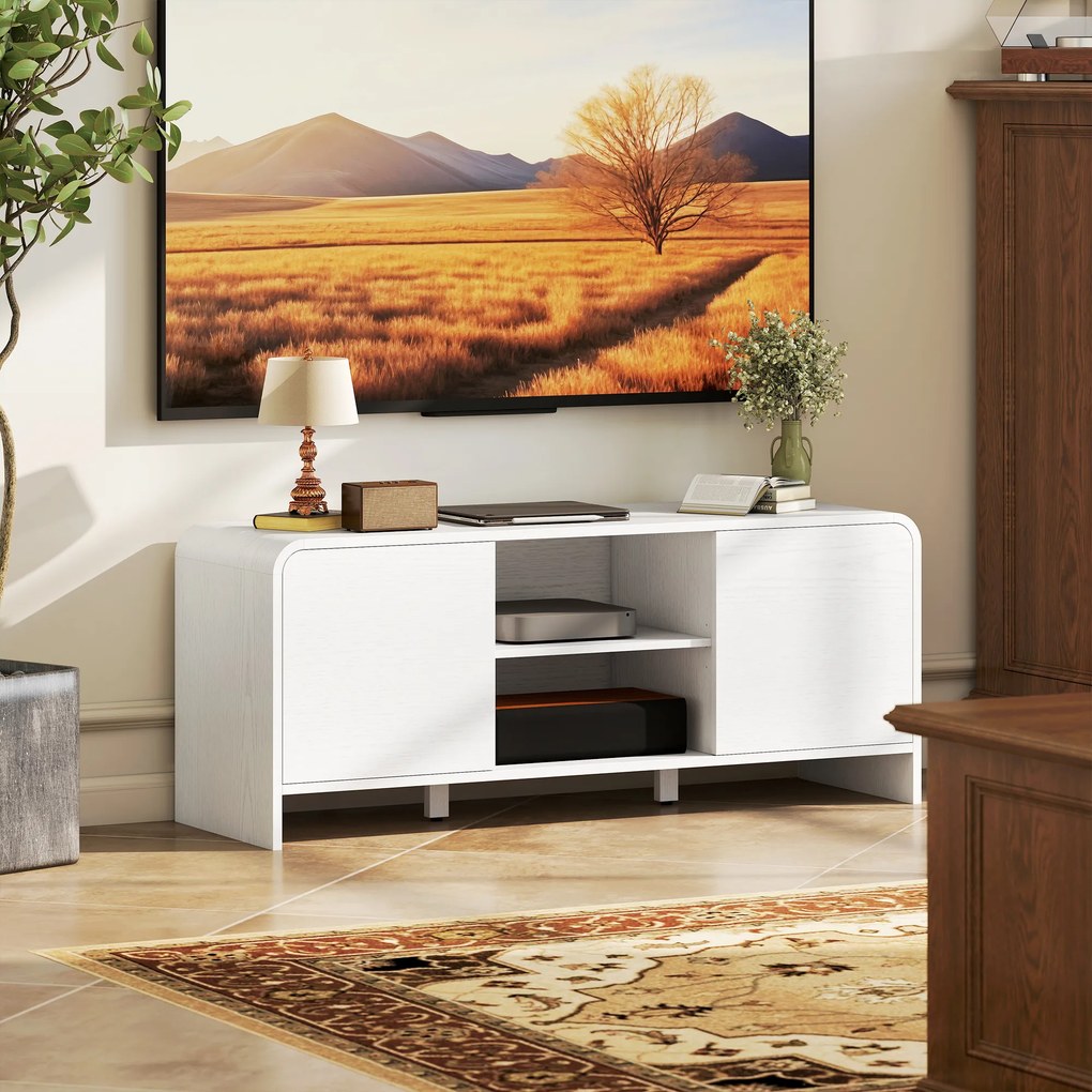 HOMCOM TV nábytek, televize do 140 cm, 2 dveře, 2 přihrádky, nastavitelná police, 110x35x45 cm, bílá
