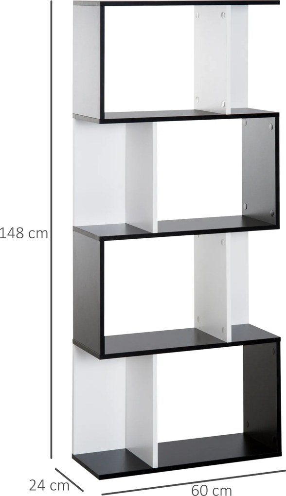 HOMCOM Moderní S-šatková knihovna s úložným prostorem, 4 police 60D x 24Š x 148V cm, černá/bílá