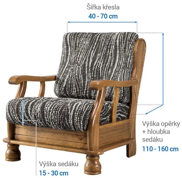 Bielastické potahy UNIVERSO NOVÉ žíhané černobílé křeslo s dřevěnými rukojeťmi (š. 40 - 70 cm)