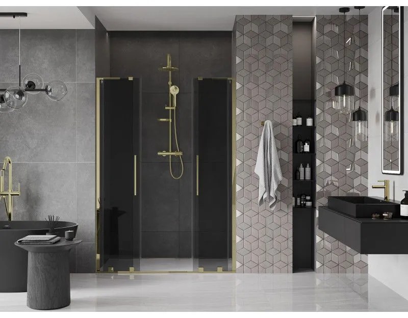 Mexen Velar L Duo, posuvné sprchové dveře do otvoru 140 cm, 8mm šedé sklo, zlatá lesklá, 871-140-003-42-50