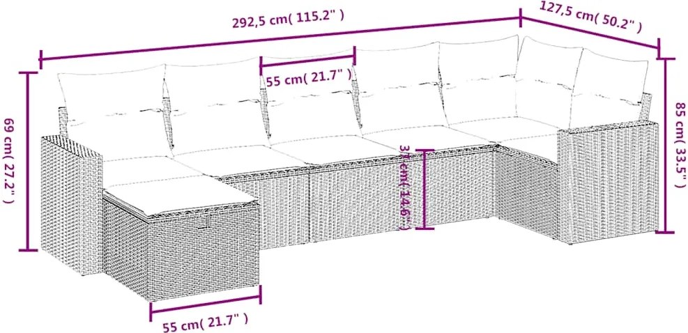 7dílná zahradní sedací souprava s poduškami černá polyratan 3263501