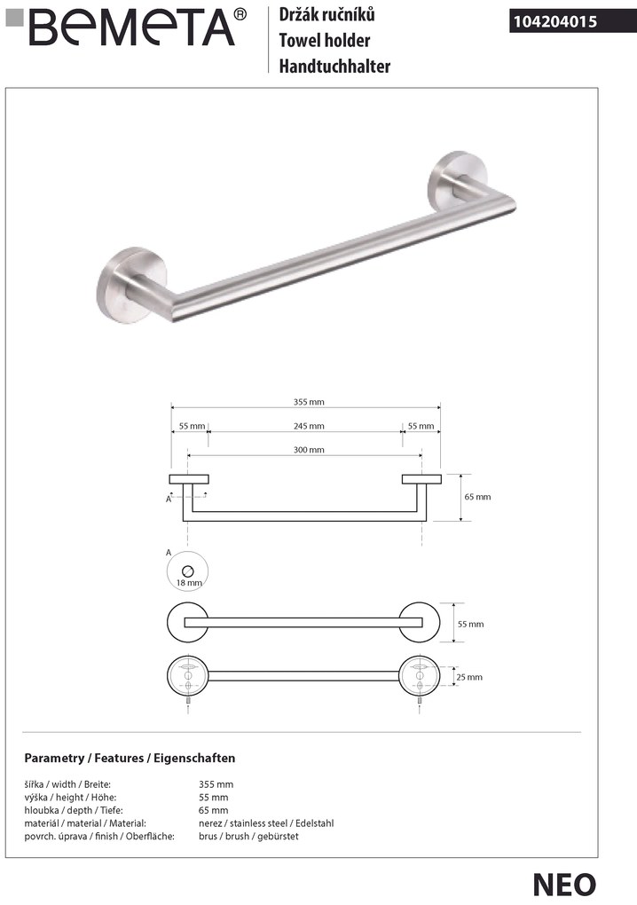 Bemeta Design NEO: Držák ručníků, 300 mm - 104204015