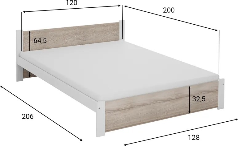 Postel IKAROS 120 x 200 cm, bílá/dub sonoma Matrace: Matrace Sommera 18 cm, Rošt: S lamelovým roštem