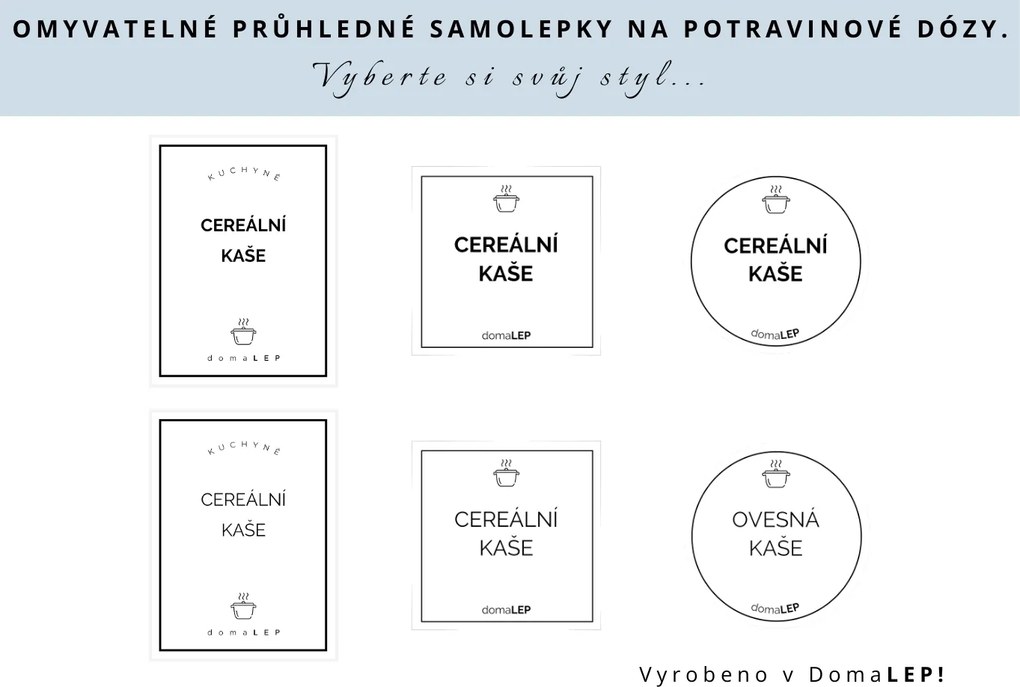 CEREÁLNÍ KAŠE - omyvatelná samolepka na dózu, výběr rozměrů Ø 5 cm / 5 x 5 cm / 6 x 8 cm | DomaLEP tvar: KOLEČKO, barva: PRŮHLEDNÁ - ČERNÉ písmo, velikost: Ø 5 cm - tučné písmo