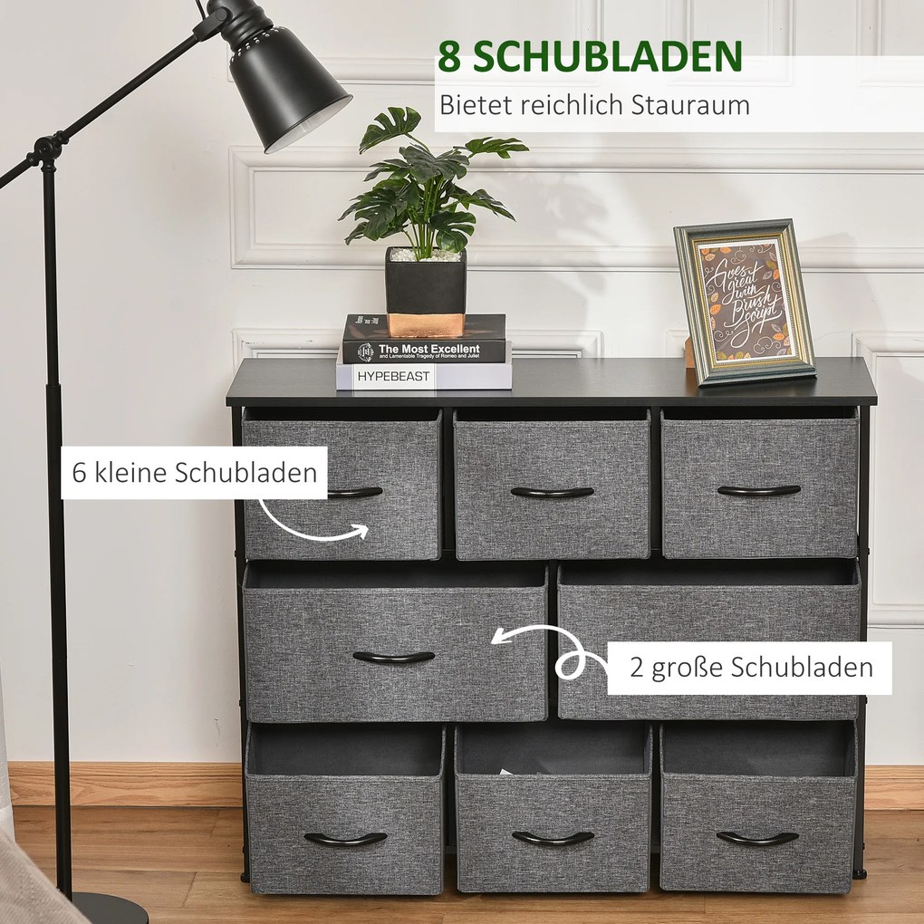 HOMCOM Komoda s 8 textilními zásuvkami, úložná skříň s úchyty, kovový rám, moderní design do ložnice a obývacího pokoje v tmavě šedé barvě