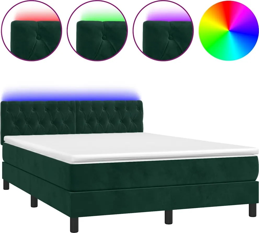 Box spring postel s matrací a LED tmavě zelená 140x200 cm samet 3134588
