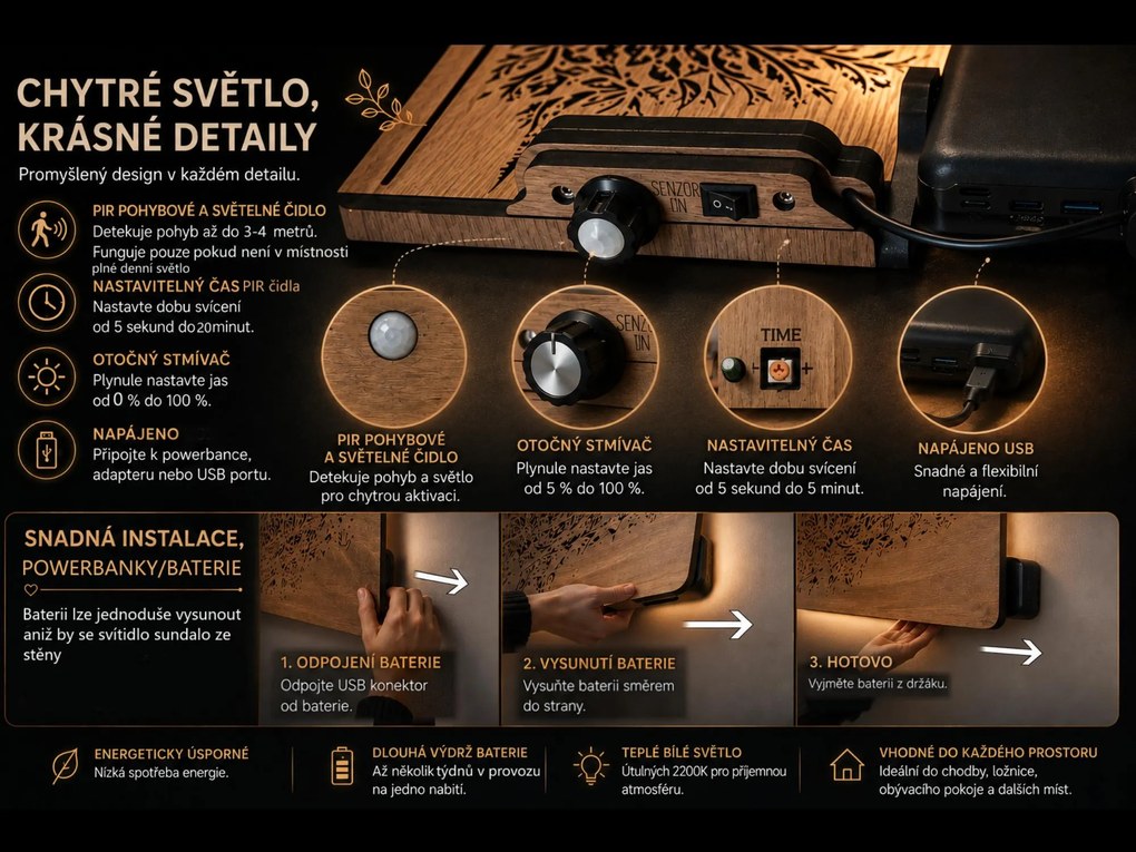 Li-Go "Hory, les" světelný obraz s baterií a pohybovým čidlem 120x40cm provedení povrchu: bříza
