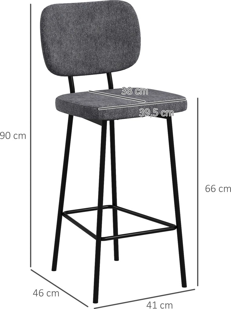 HOMCOM Sada 2 barových stoliček s opěrkou nohou a potahem z lněné látky, rozměry 41Š x 46H x 90V cm, šedá