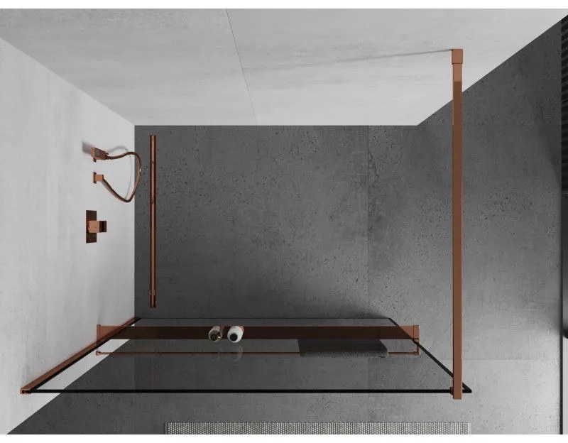 Mexen Kioto+, sprchová zástěna s poličkou a držákem na ručníky 110 x 200 cm, 8mm čiré sklo vzor černý, profil růžové zlato, 800-110-121-60-70