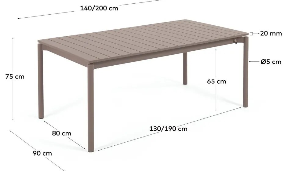 Hnědý hliníkový zahradní stůl Kave Home Zaltana, 140 x 90 cm