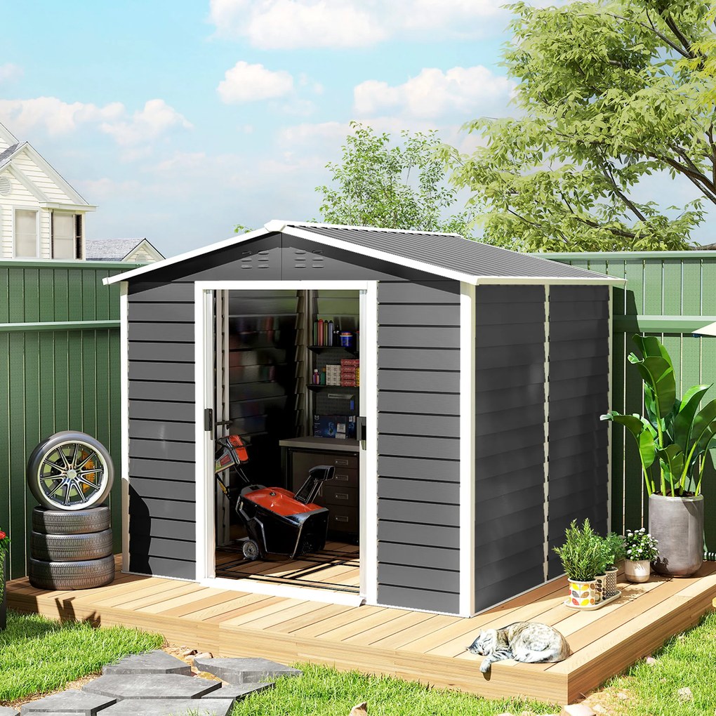 Outsunny Kovový zahradní kůlna, odolný vůči povětrnostním vlivům a nerezový, uzamykatelný, 2,40 x 2,06 x 1,98 m, tmavě šedý