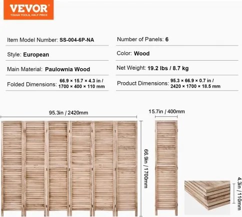 Přenosná dřevěná dělicí příčka 6 Panel pro oddělení místností