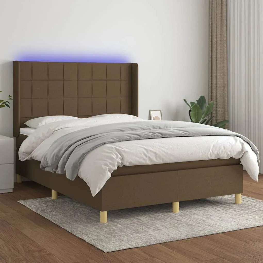 Box Spring Postel S Matrací A Led Textil Tmavě Hnědá Blok se čtverci 140