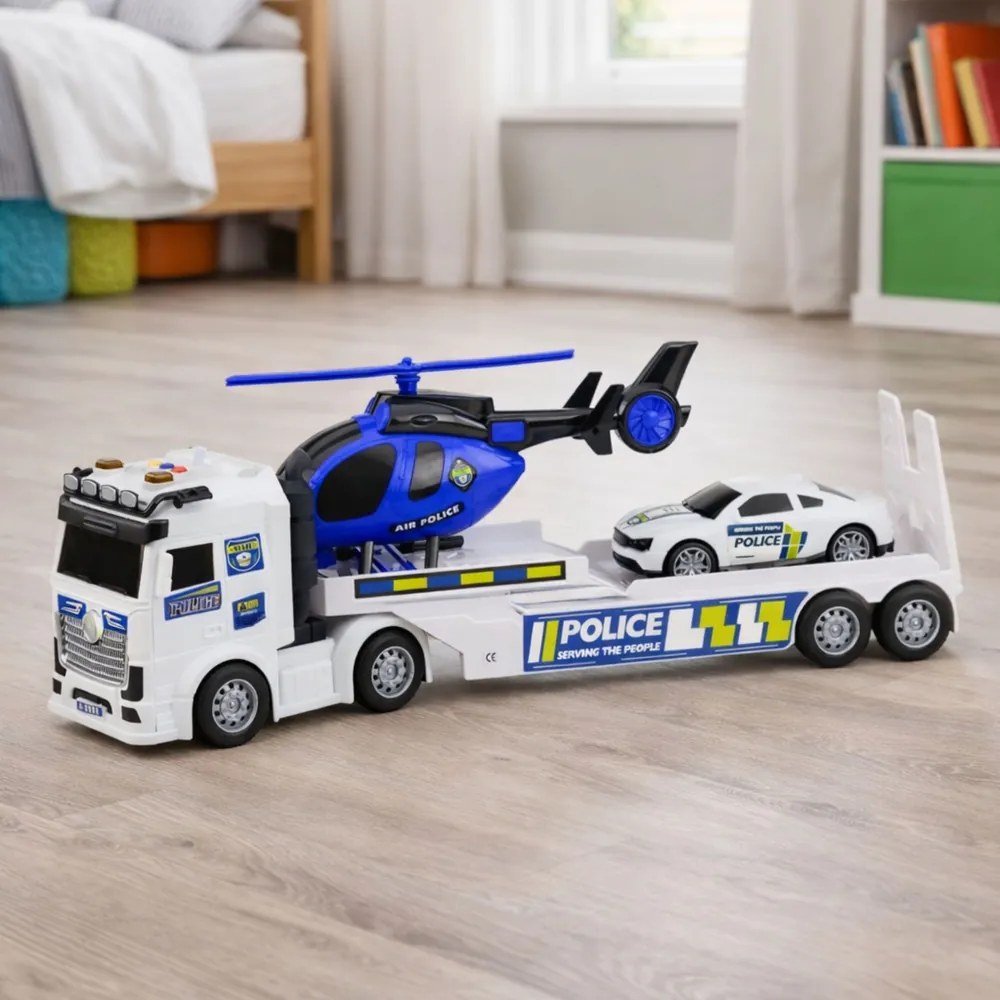 LEAN Toys Policejní souprava: Nákladní auto, odtahovka, auto, vrtulník, světla, zvuky