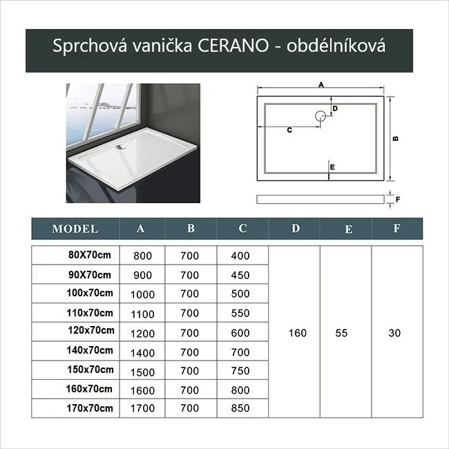 CERANO - Sprchová vanička z litého mramoru obdélníková Piato - bílá matná - 90x70 cm