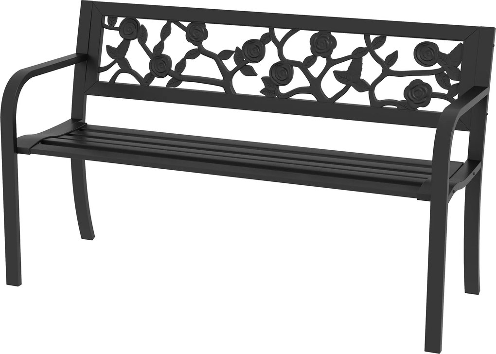 Zahradní lavice Outsunny z oceli, dvoumístná venkovní lavice s dekorativním opěradlem a loketními opěrkami, 127x50x75 cm, černá | Aosom