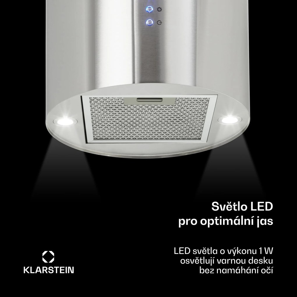 Klarstein Barett, digestoř, 35 cm, ostrůvková, 560 m³/h, LED, filtr s aktivním uhlím, nerezová ocel