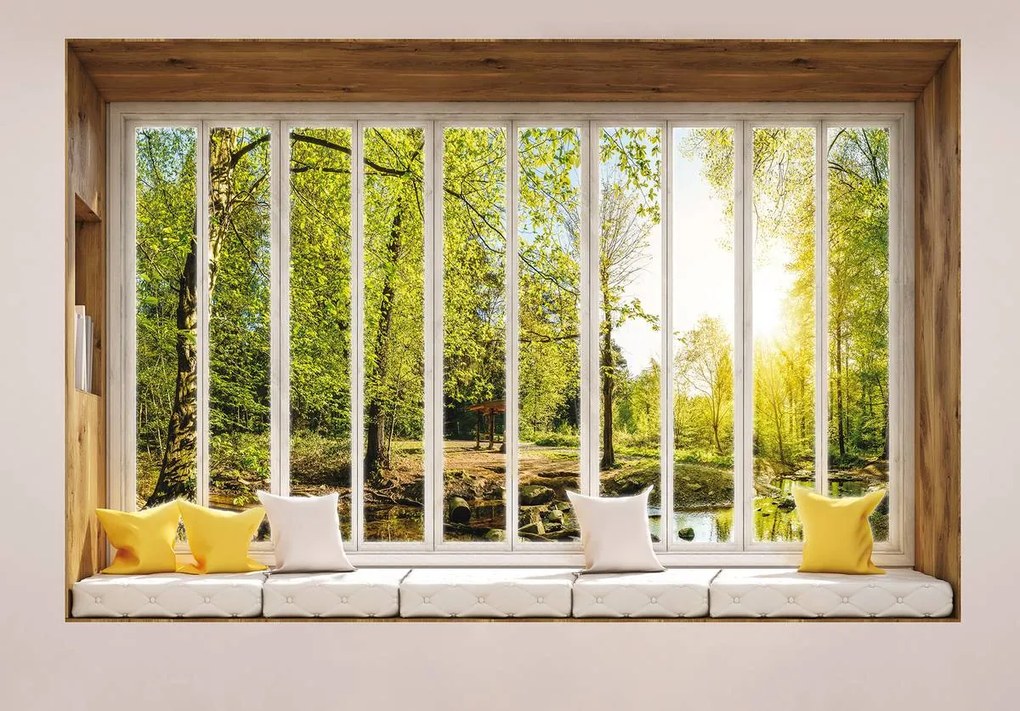 Fototapeta - Slunečný pohled  na stromy z okna (254x184 cm)