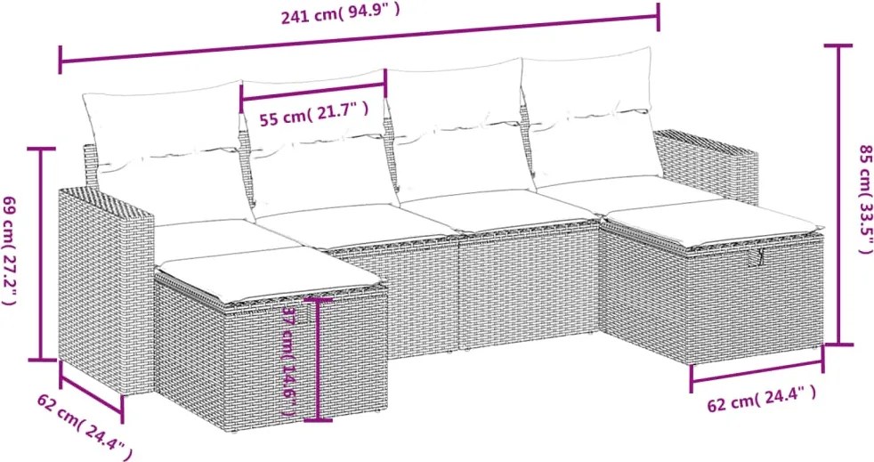 6dílná zahradní sedací souprava s poduškami šedá polyratan 3263546