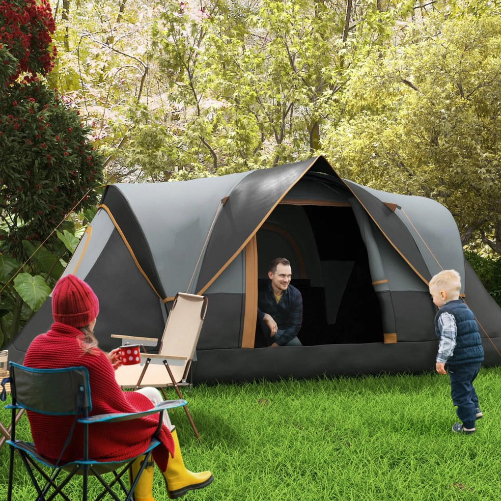 Kempinkový stan pro 5-6 osob, rodinný stan, přenosná taška, 4,55x2,2x1,8m, světle šedý/černý