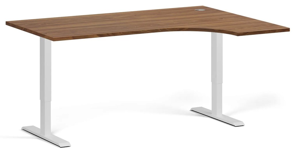 Rohový výškově nastavitelný stůl, 160x120 cm, 1 motor, L/P, bílá podnož, ořech