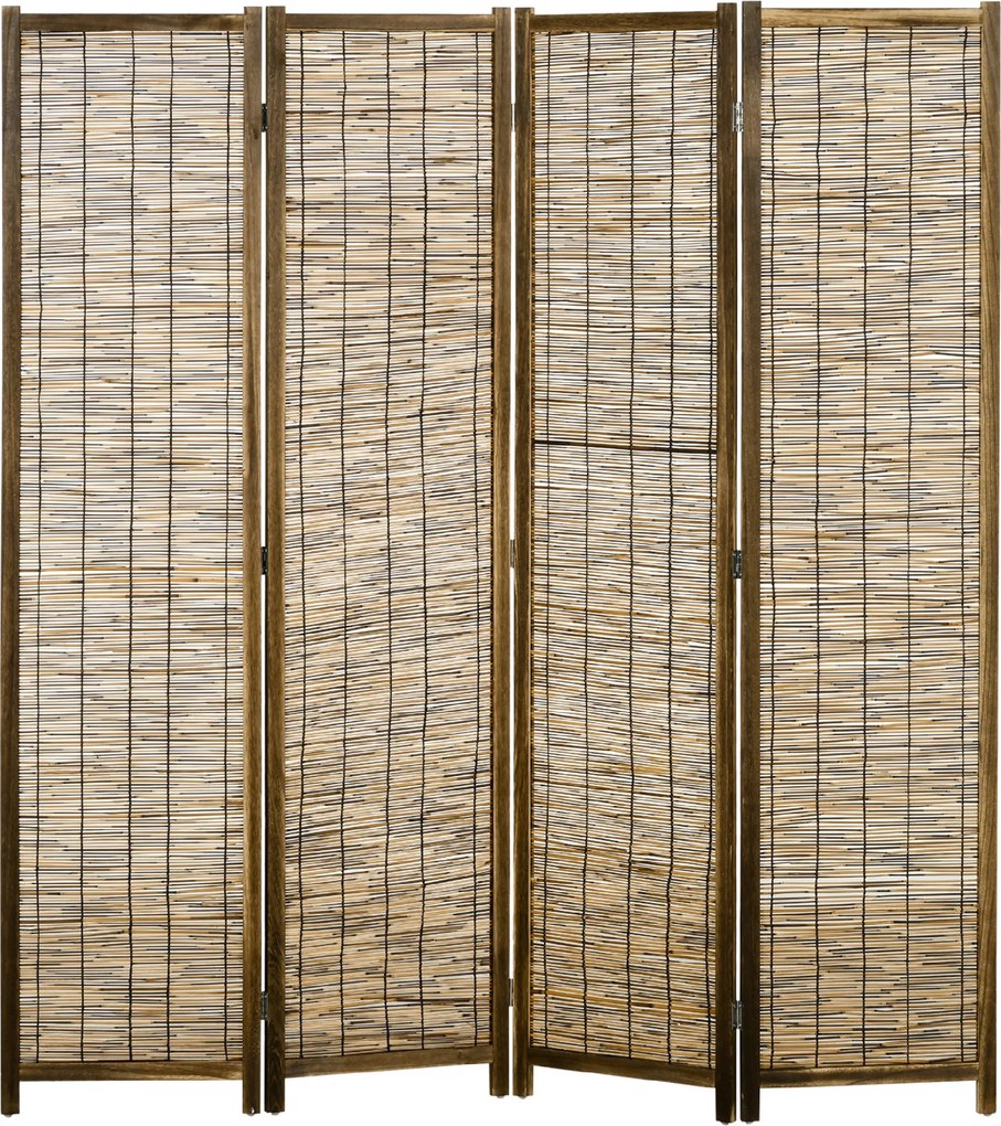 HOMCOM 4-panelový skládací paravan 160 cm x 1.8 cm x 170 cm Rustikální dřevěný a rákosový oddělovač místností pro kancelář, ložnici, obývací pokoj
